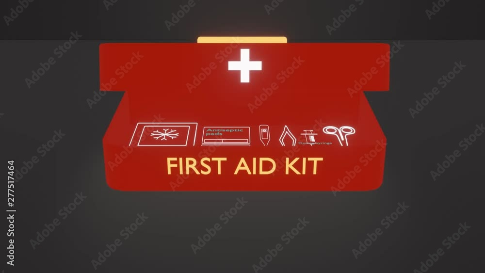 Dark background. Red suitcase / red first-aid kit opens. Infographics ...