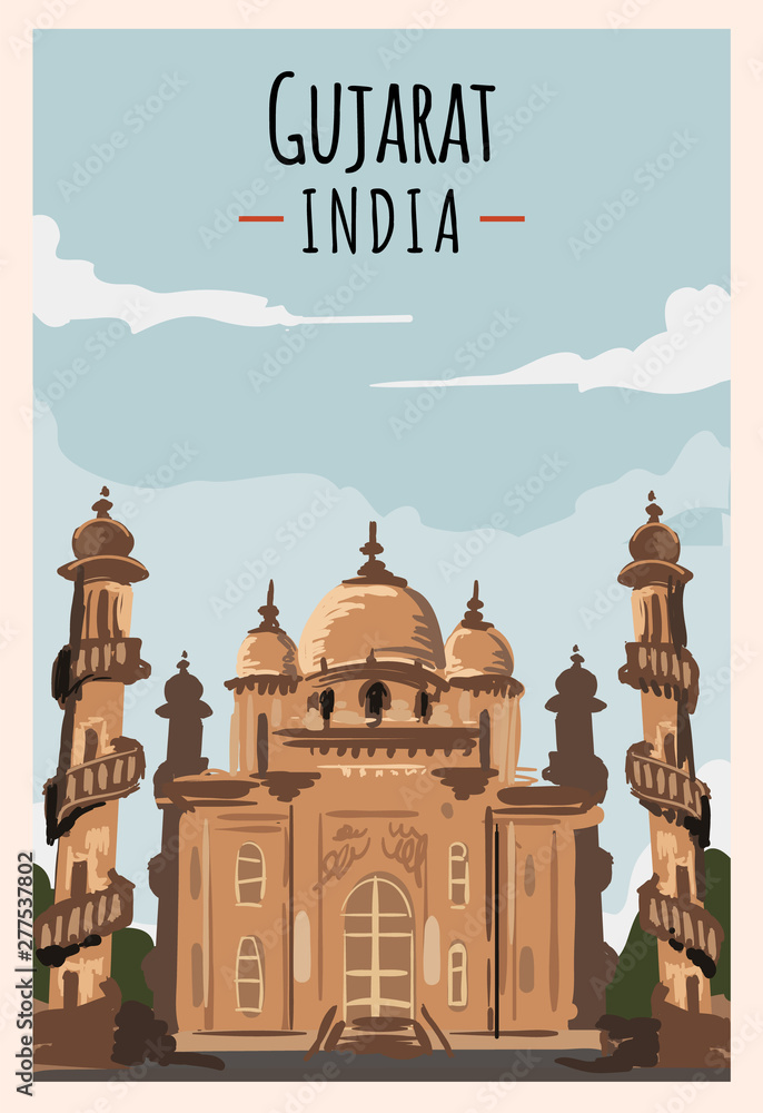 Gujarat retro poster. Gujarat travel illustration. States of India ...