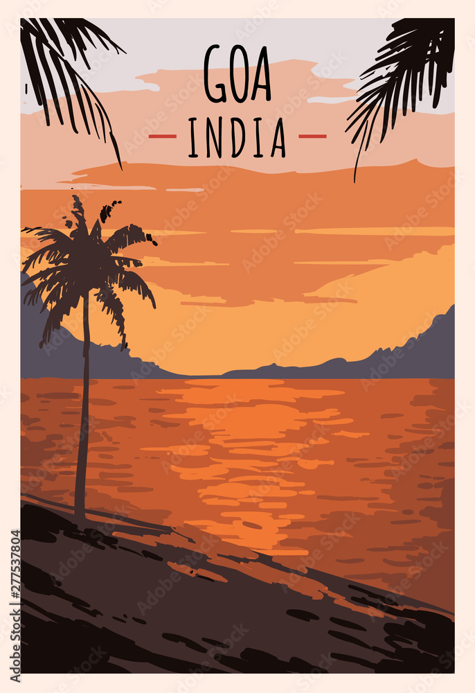 Goa beach retro poster. Goa travel illustration. States of India ...