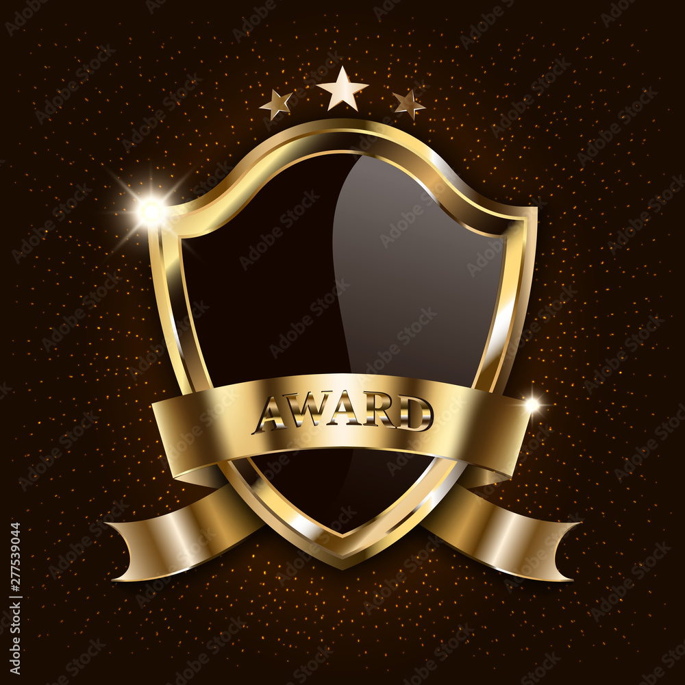 Vector award luxury black shield with golden frame and sparkling ribbon ...
