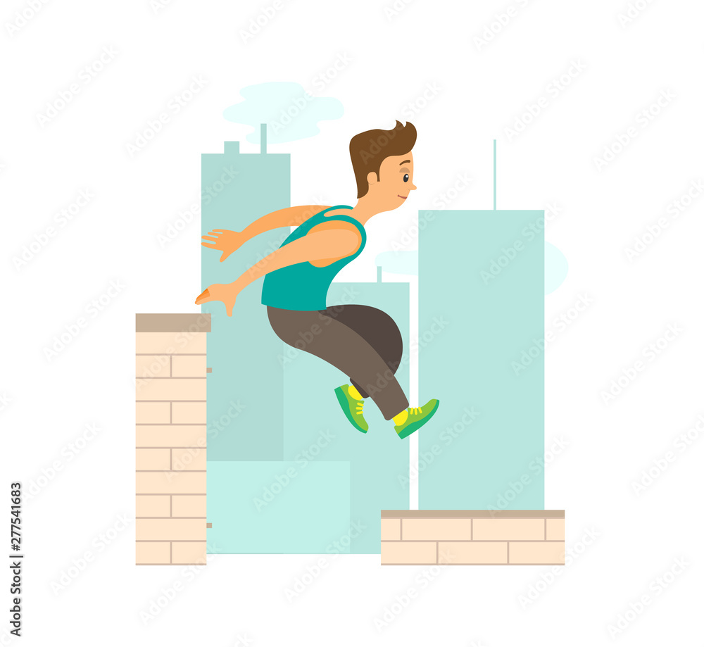 Extreme sport parkour, man running by roof, buildings and skyscrapers ...