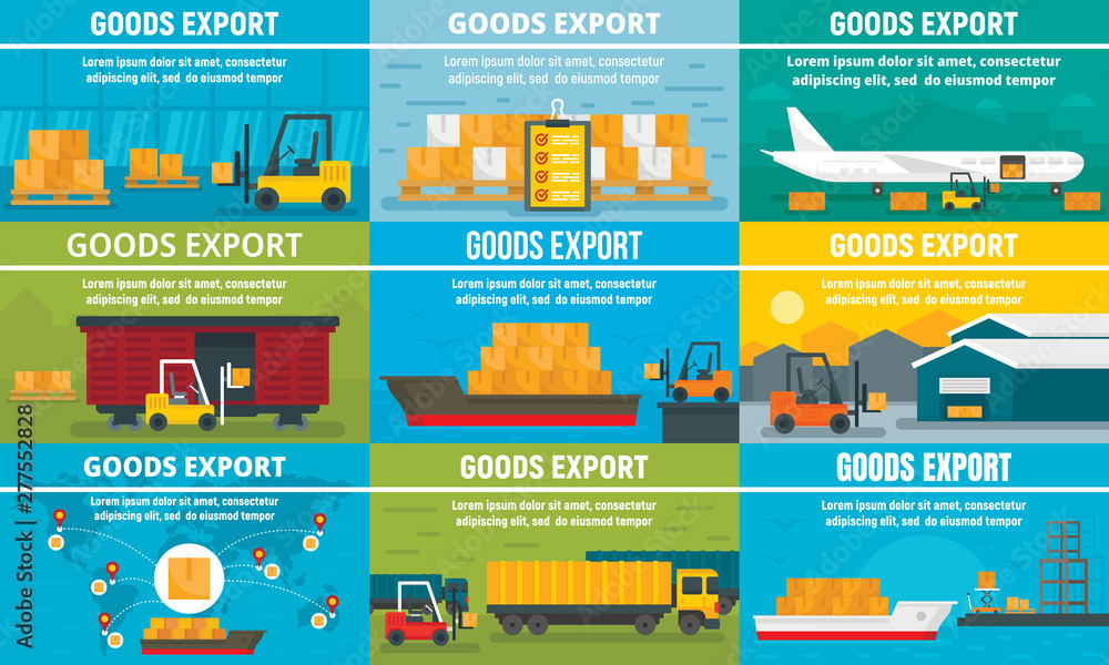 Goods export banner set. Flat illustration of goods export vector ...