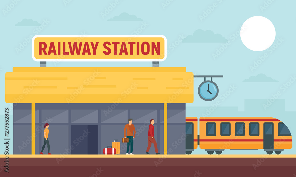 Railway station concept banner. Flat illustration of railway station ...