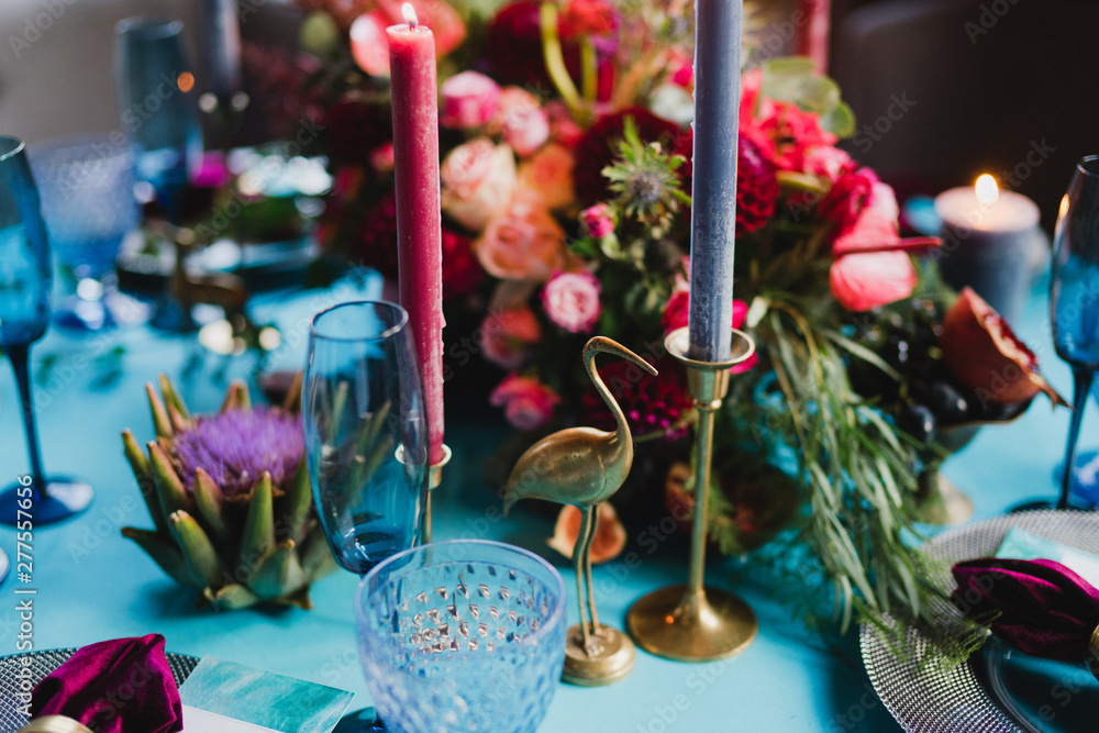 Coziness and style. Modern event design. Table setting at wedding ...