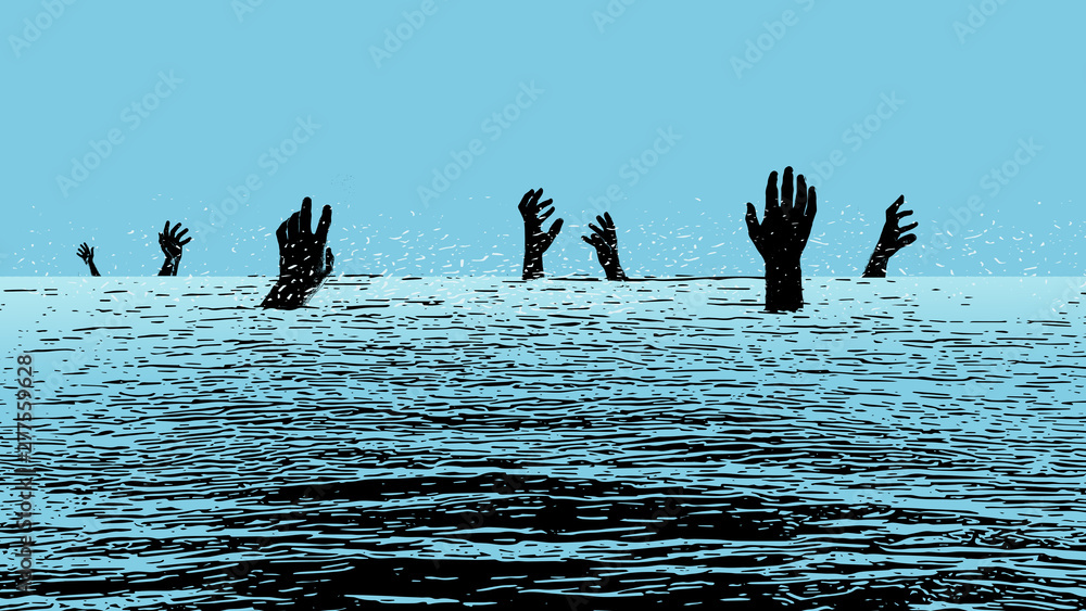 Illustration of hands of several people drowning in the sea and ...