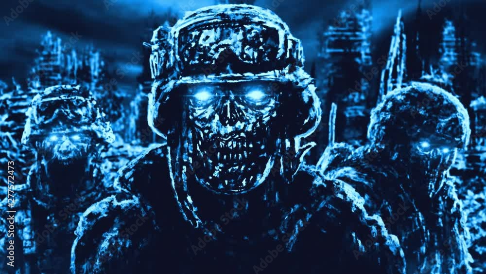 Scary zombie soldiers. Armageddon warriors against backdrop of ruined ...