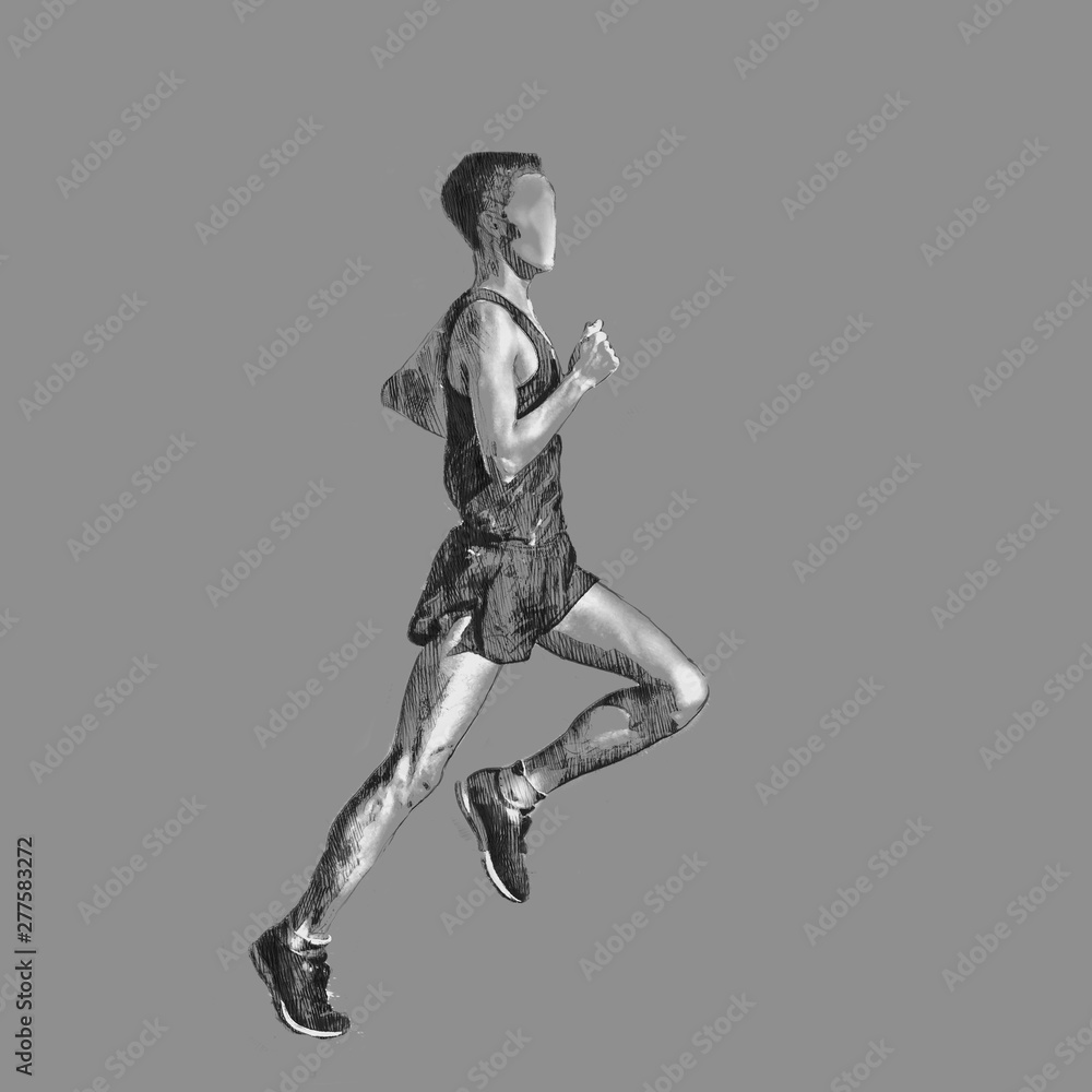 Pencil drawing illustration of a running man. Dynamic sketch on with ...
