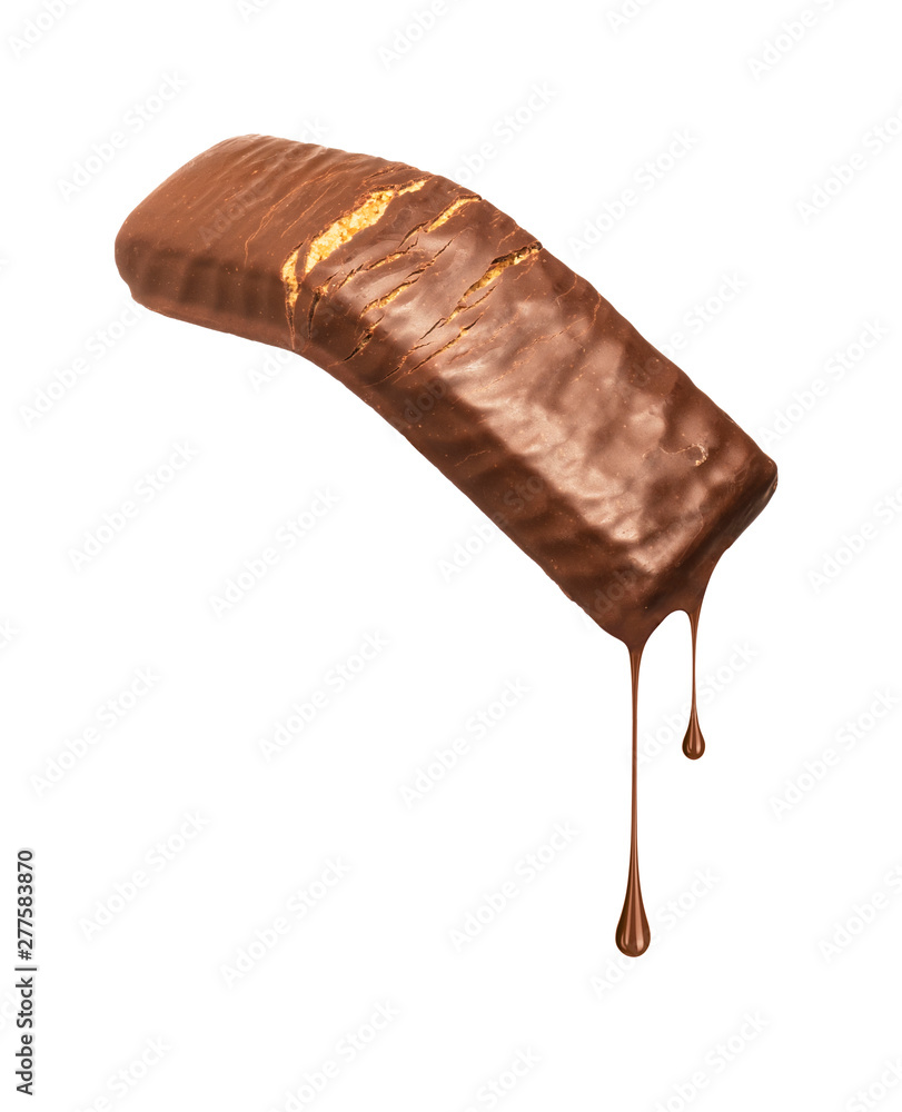 Drops dripping from a chocolate bar isolated on a white background ...