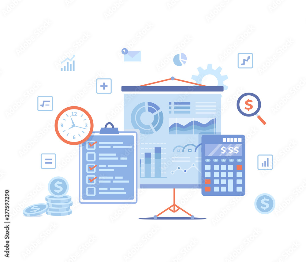 Calculation concept. Bookkeeping, audit, data analysis, reporting, tax ...