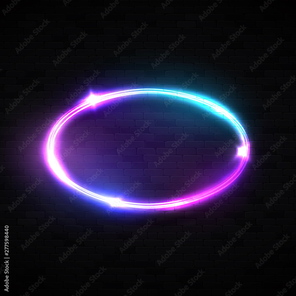 Oval neon sign. Laser chrome frame with glowing, light, flares and ...