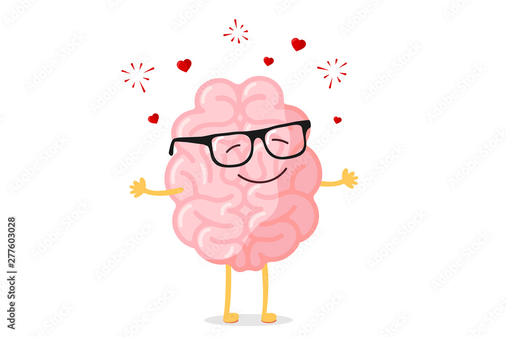 Cartoon smart happy brain character in glasses fall in love. Central ...