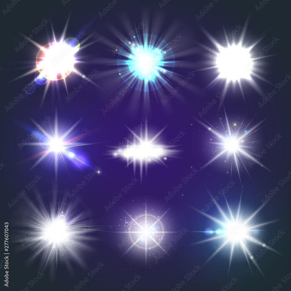 Set of bright beautiful stars. Optical lens glowing flashlight effect ...