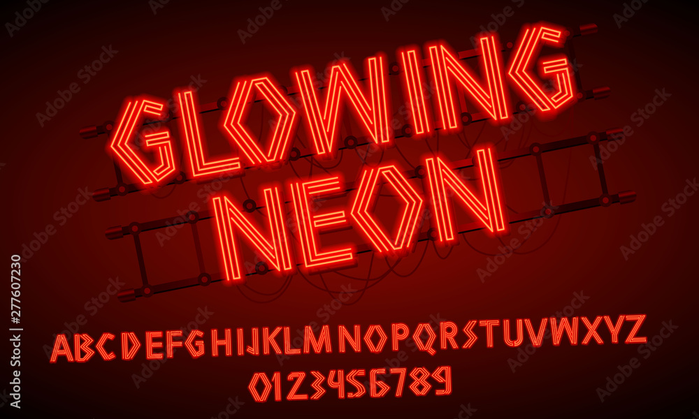 80 s red neon retro font. Futuristic script, chrome letters. Bright ...