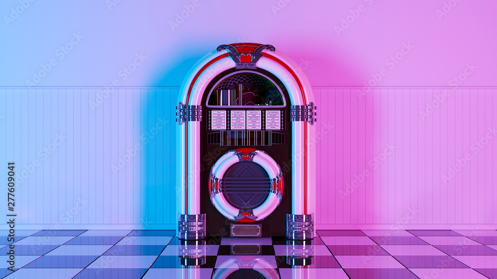 Neon retro jukebox on white wood planks wall and checker black white ...