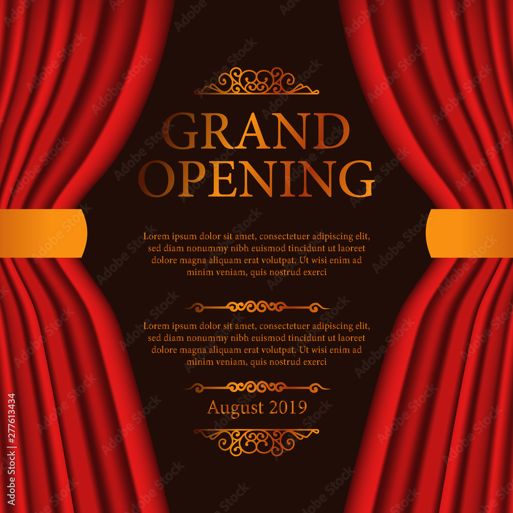 Grand opening party ceremony with illustration of red curtain silk ...