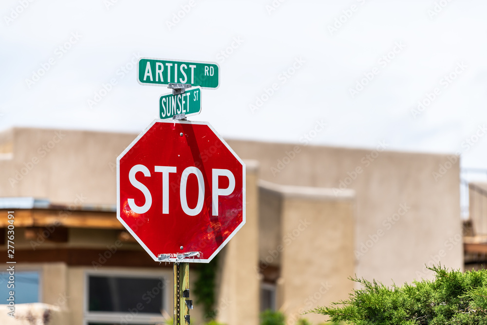 Santa Fe historic downtown old town with closeup of red stop sign at ...