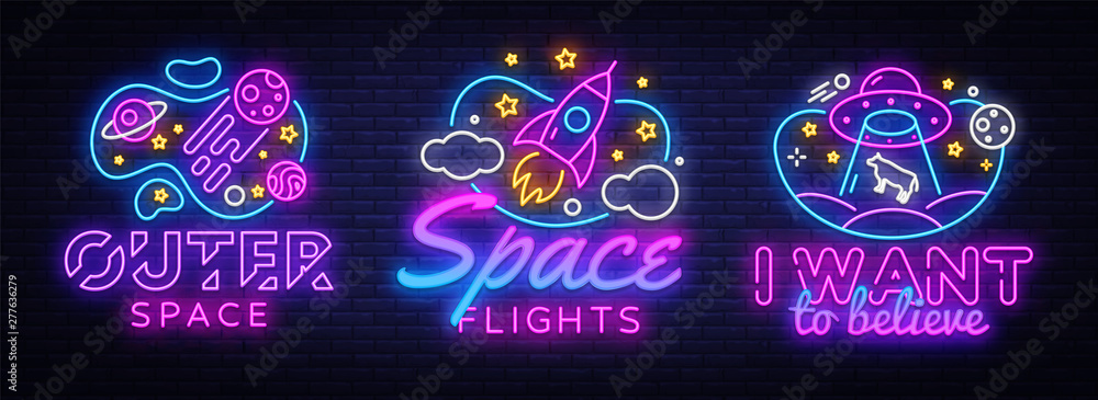 Space collection neon signs vector. Cosmic Theme design template ...