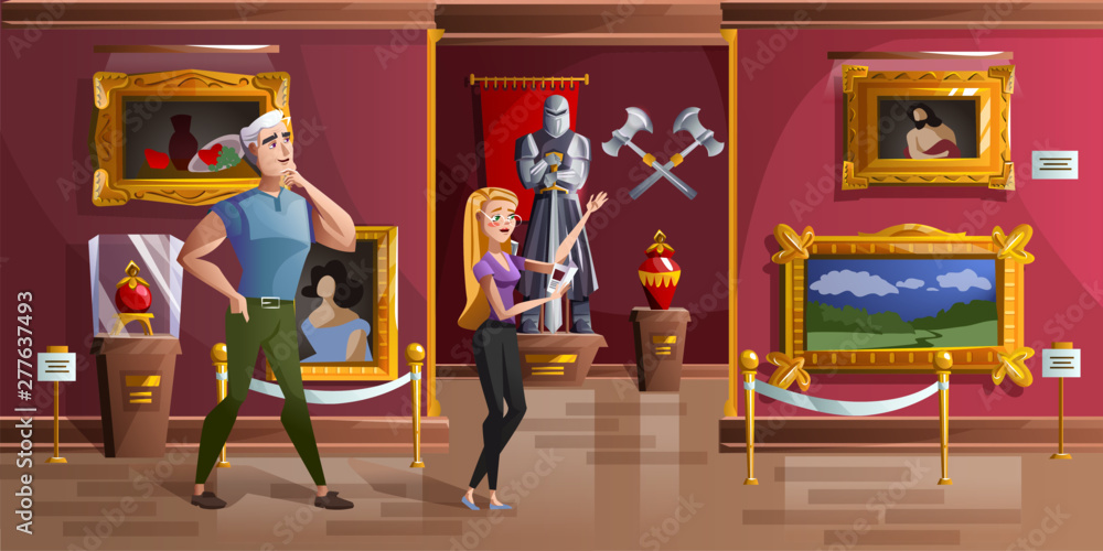 Museum exhibition room cartoon vector illustration. Palace interior or ...