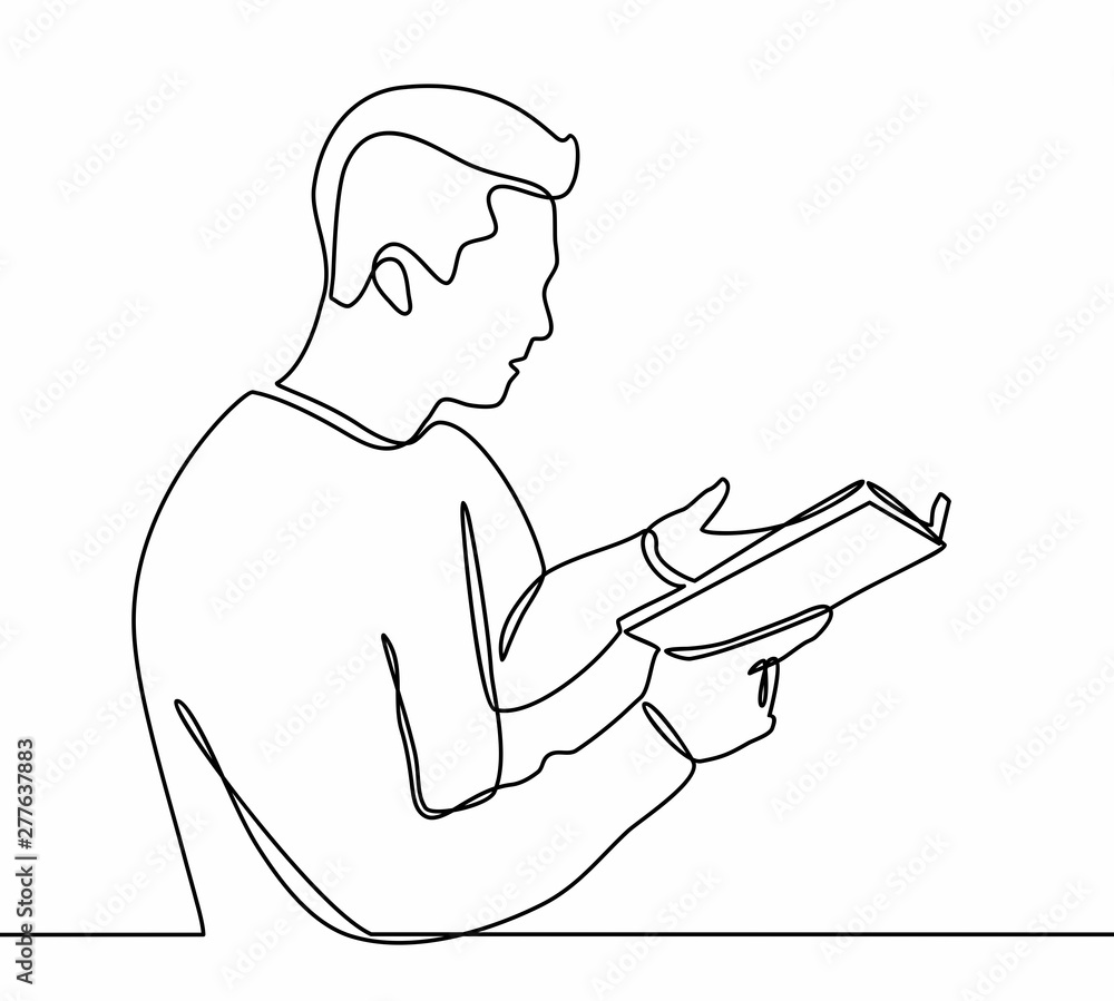 Continuous line drawing of businessman sitting and reading a book ...