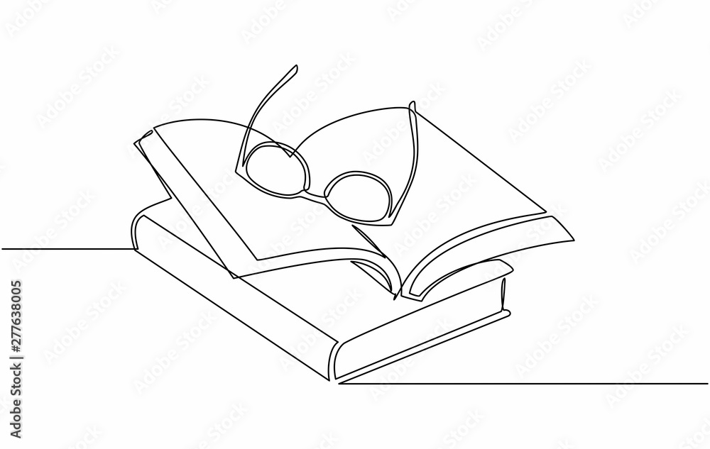 Continuous line drawing of a glasses are placed on top of the book ...