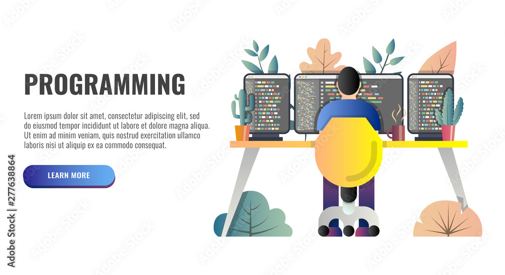 Programmer at work concept. Web banner. Vector illustration Stock Vector | Adobe Stock