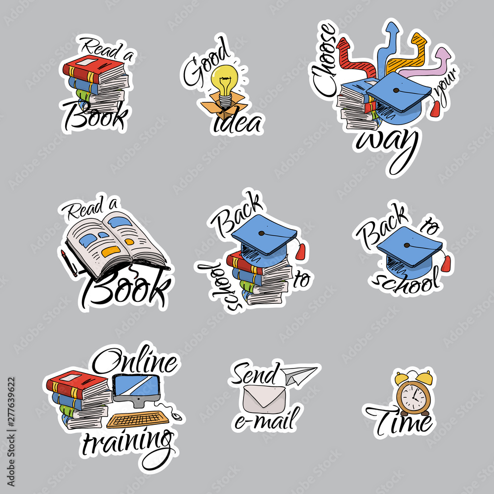 Back to school stickers. Signs, symbols, objects and templates for ...