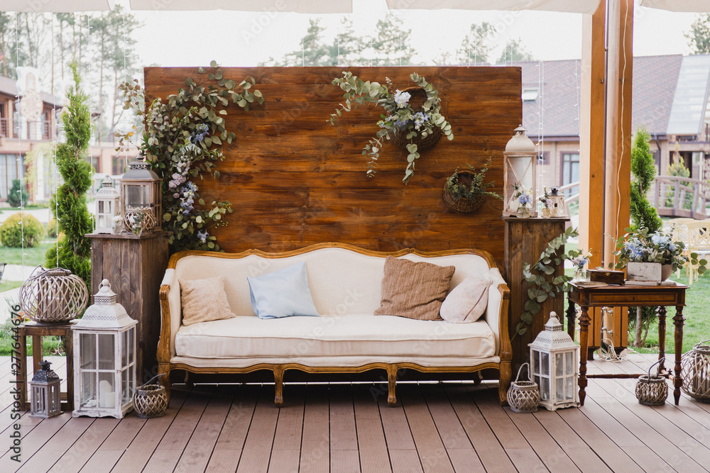 Coziness and style. Modern event design. Lounge and photo zone and ...