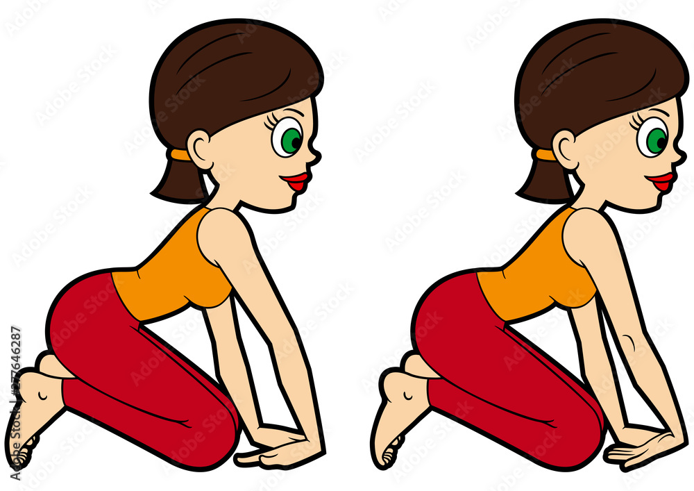 Yoga asana set hand stretching variations/ Illustration cartoon girl ...