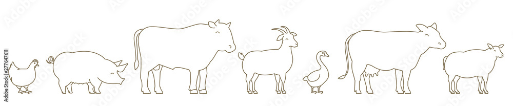 Farm Animal line set. Husbandry production. Cow and bull, duck and ...