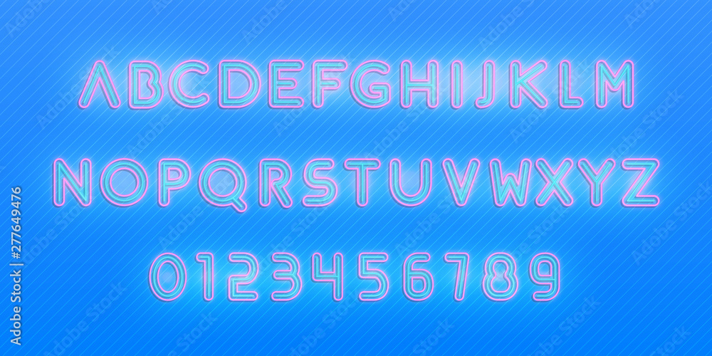 Alphabet neon font. Glowing neon colored 3d modern alphabet and numbers ...
