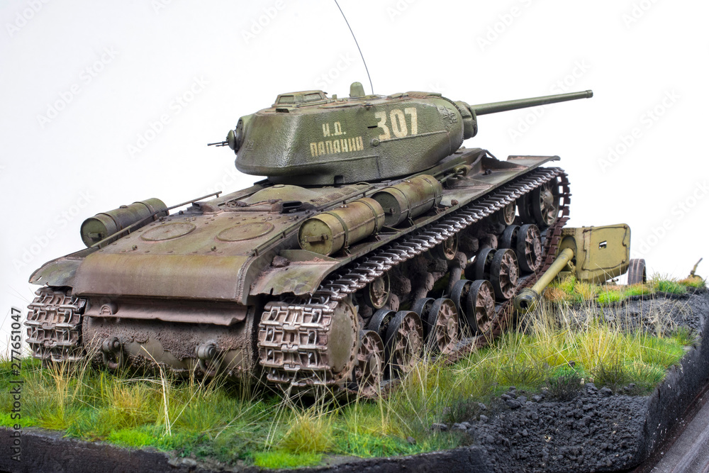 Soviet medium tank KV-1C, destroys enemy guns on the battlefield. Kursk ...