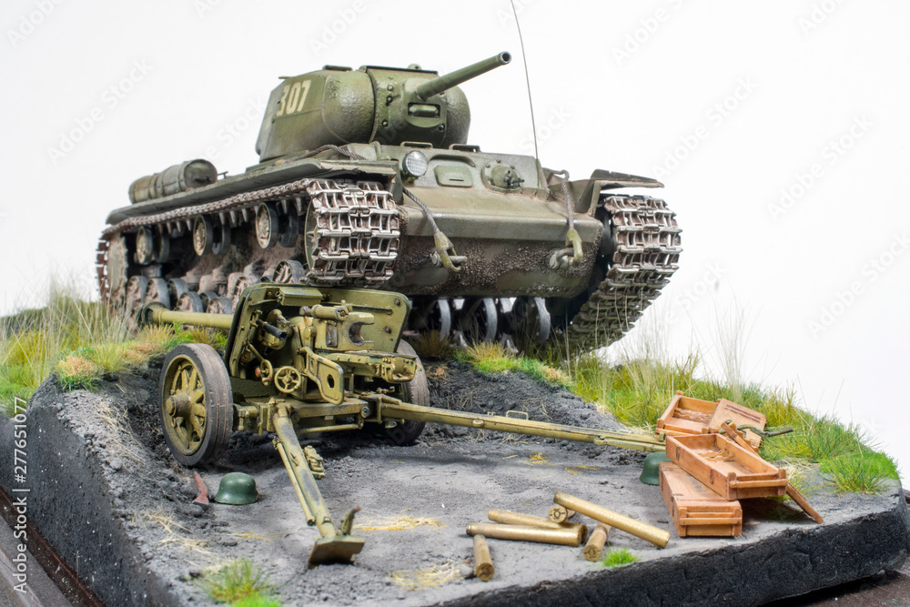 Soviet medium tank KV-1C, destroys enemy guns on the battlefield. Kursk ...