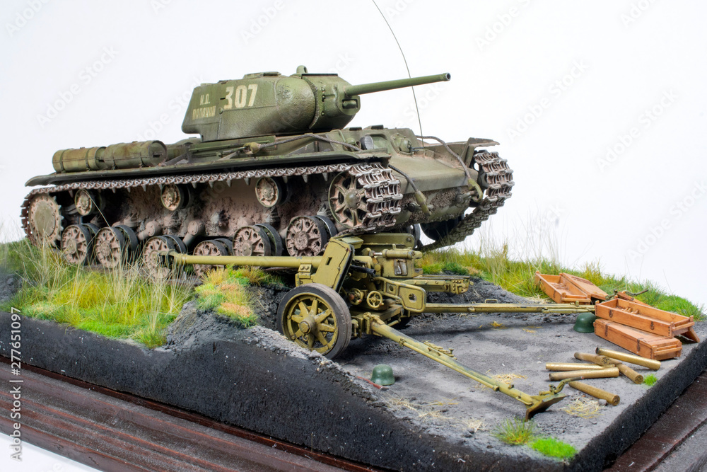 Soviet medium tank KV-1C, destroys enemy guns on the battlefield. Kursk ...