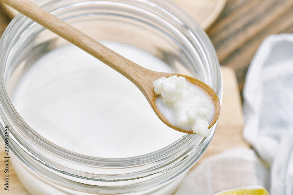 Kefir milk, Close up of hand holding kefir grains, Healthy fermented ...