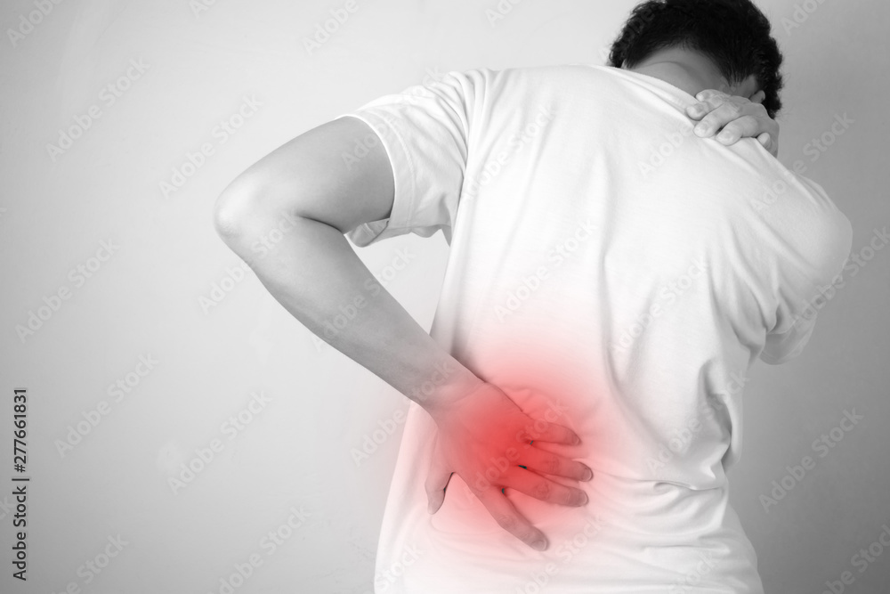 Asian people with back pain, isolated on a white background, black and ...