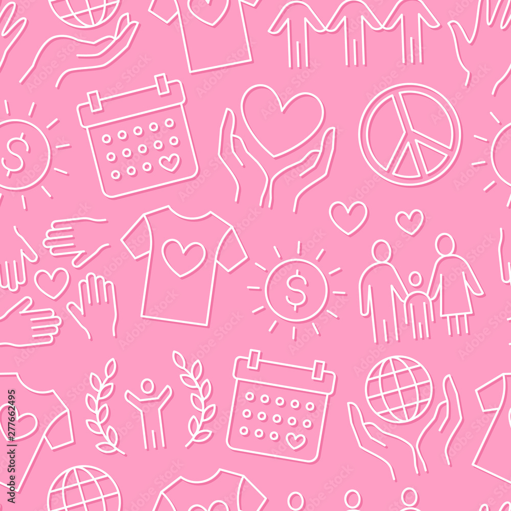 Charity vector seamless pattern with flat line icons. Donation ...
