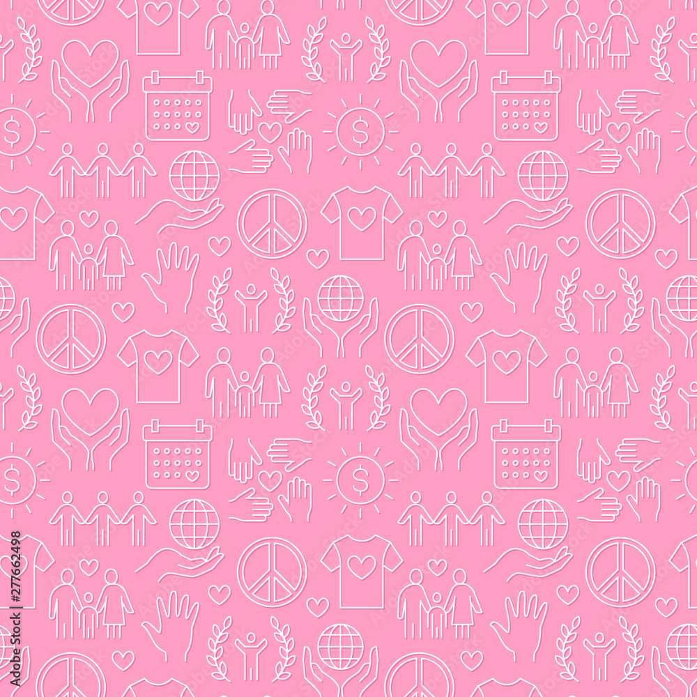 Charity vector seamless pattern with flat line icons. Donation ...