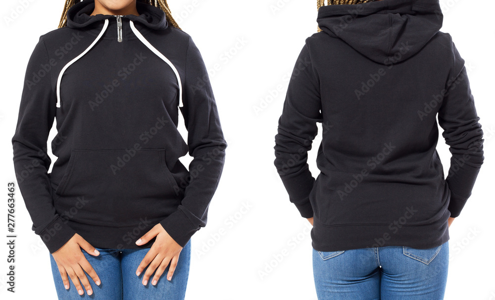 Front back and rear black sweatshirt view. Woman show on template ...