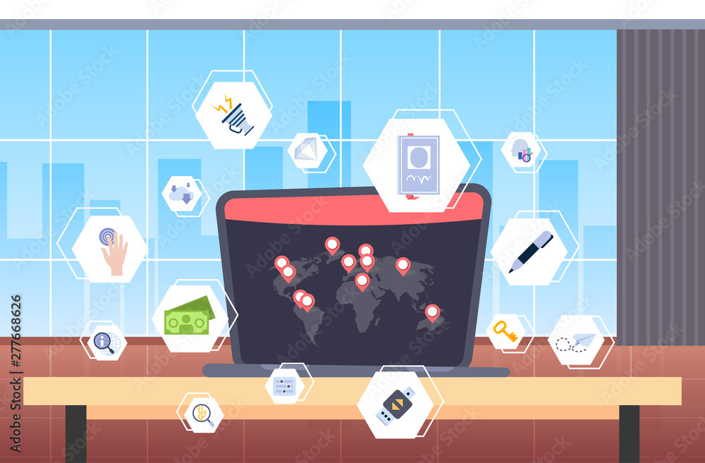 laptop screen with world map location geo tags different computer ...