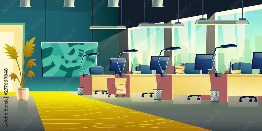 Modern office with company employee workplaces cartoon vector empty ...