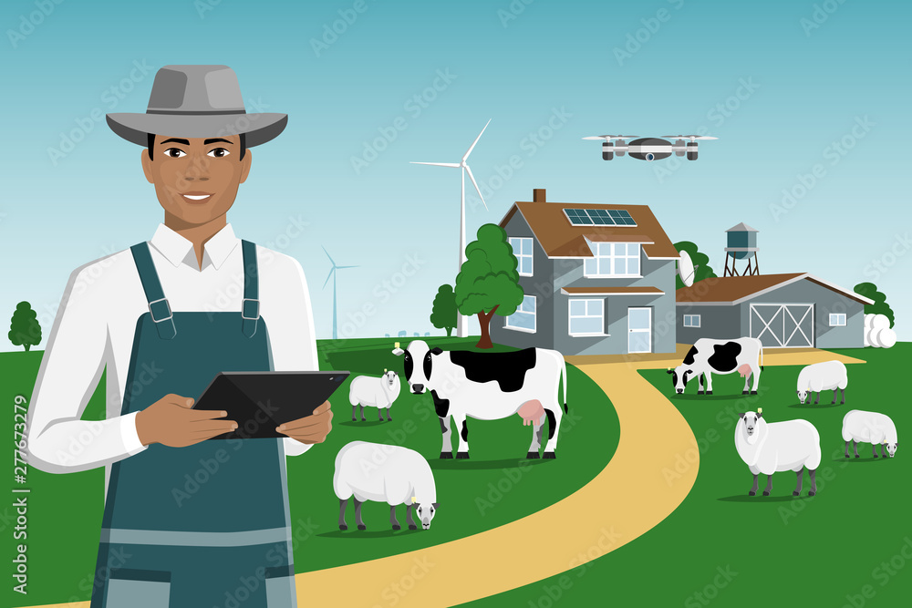 Modern black african american farmer with a tablet computer on a smart ...