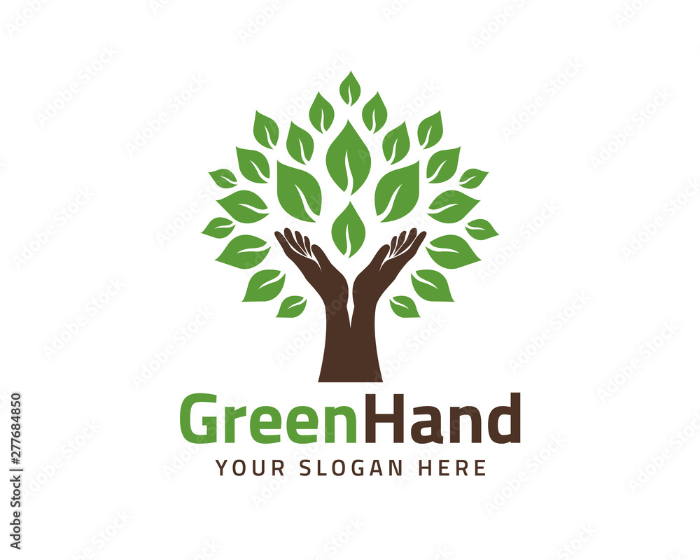 Human hands and tree with green leaves. Logo, symbol, icon ...