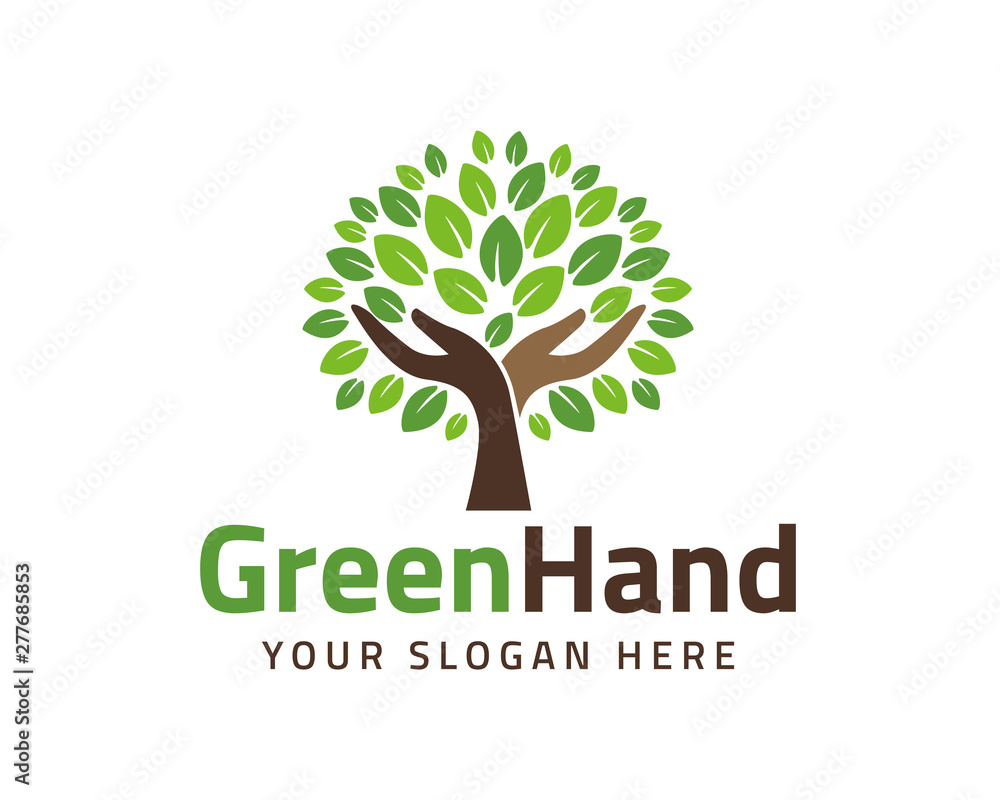 Human hands and tree with green leaves. Logo, symbol, icon ...