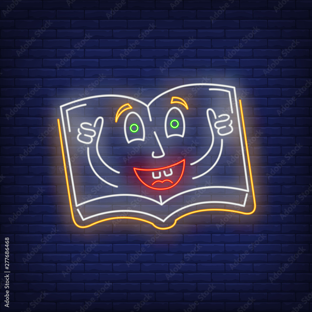 Happy open book cartoon character neon sign. Literature, school ...
