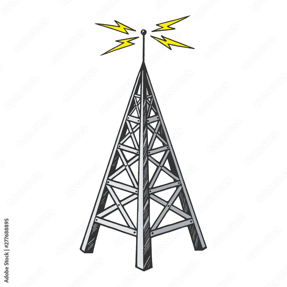 Old vintage radio tower broadcast transmitter color sketch engraving ...
