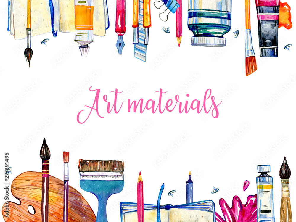 Artist materials on top and bottom in rectangular frame - palette ...