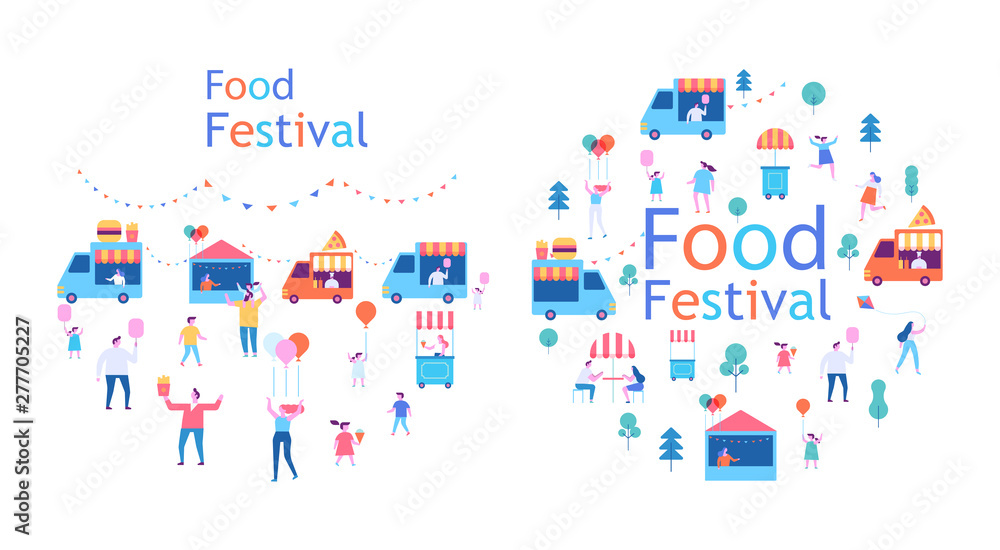 Summer food festival. Food street fair, family festival. People walking ...