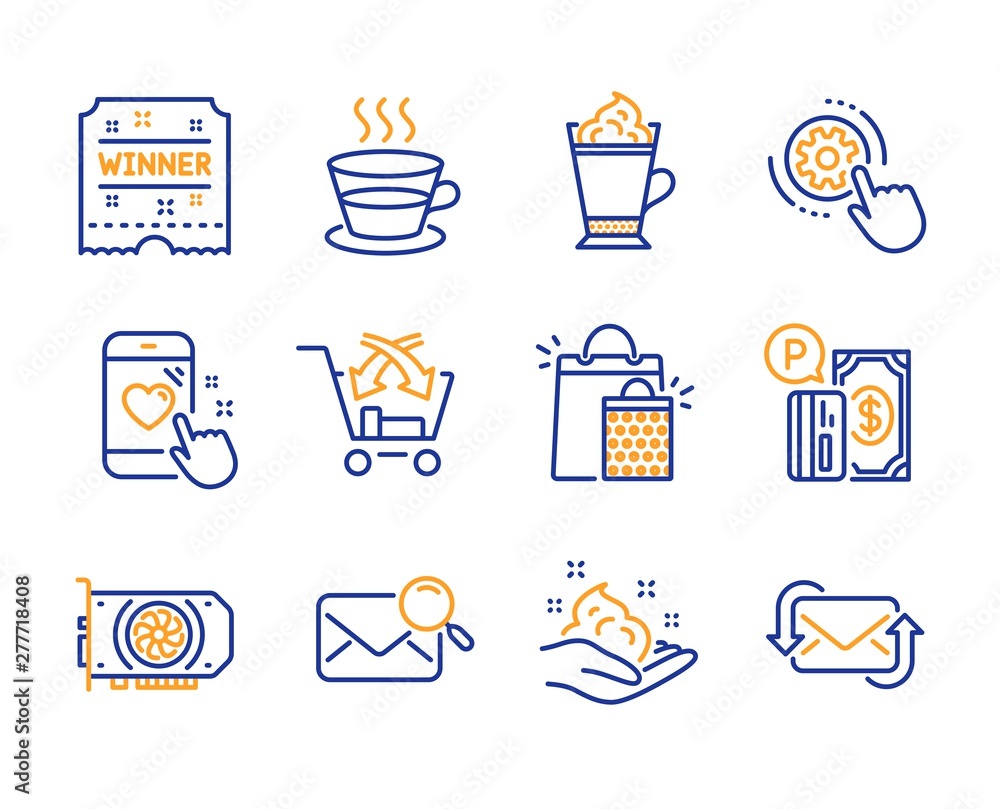 Coffee cup, Latte coffee and Heart rating icons simple set. Search mail ...