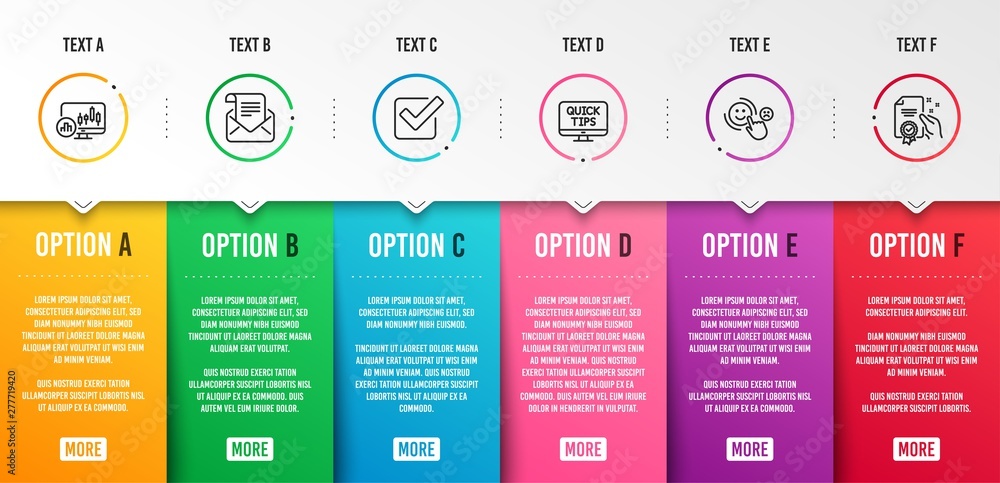 Mail newsletter, Web tutorials and Customer satisfaction icons simple set. Candlestick chart ...