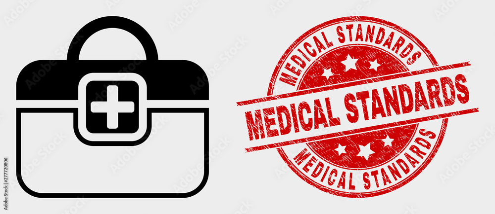 Vector first-aid case pictogram and Medical Standards seal stamp. Red ...